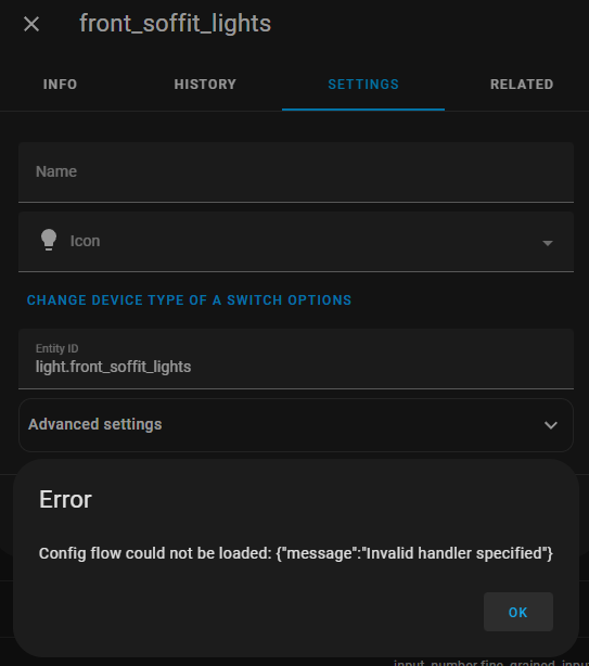 {"message":"Invalid handler specified"} when want to edit options for switch device type change ...