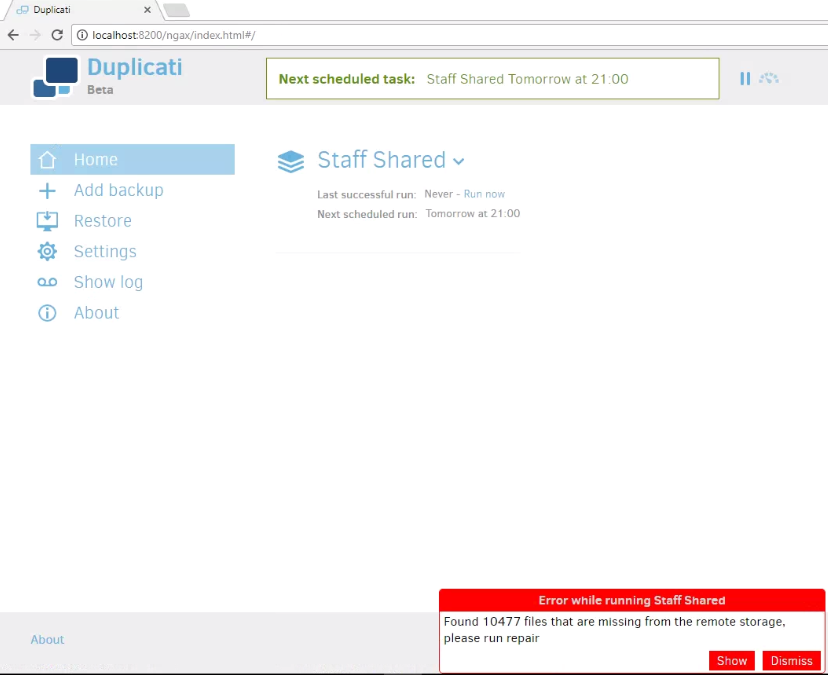 End of Backup Fatal Error - Files missing from remote storage · Issue #2830 · duplicati ...