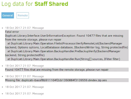 End of Backup Fatal Error - Files missing from remote storage · Issue #2830 · duplicati ...
