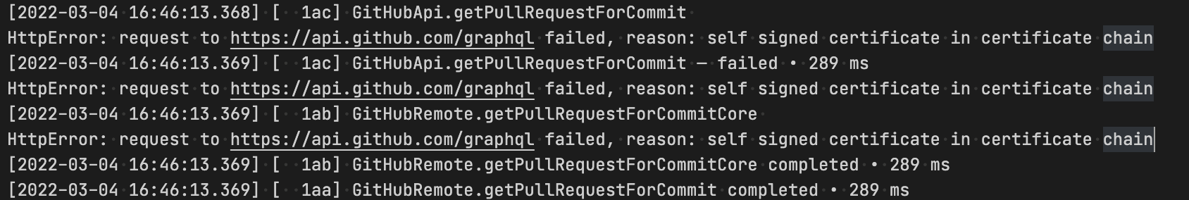 Error: "https://api.github.com/graphql failed, reason: self signed ...