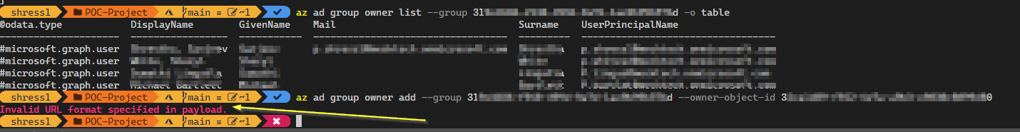 Unable To Add Owner On AD Group Using AZ CLI Invalid URL Format 