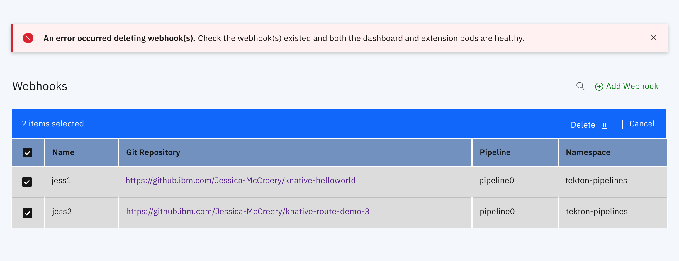 Error Reported When Deleting Webhooks With Multiple Pipelineruns · Issue 201 · Tektoncd