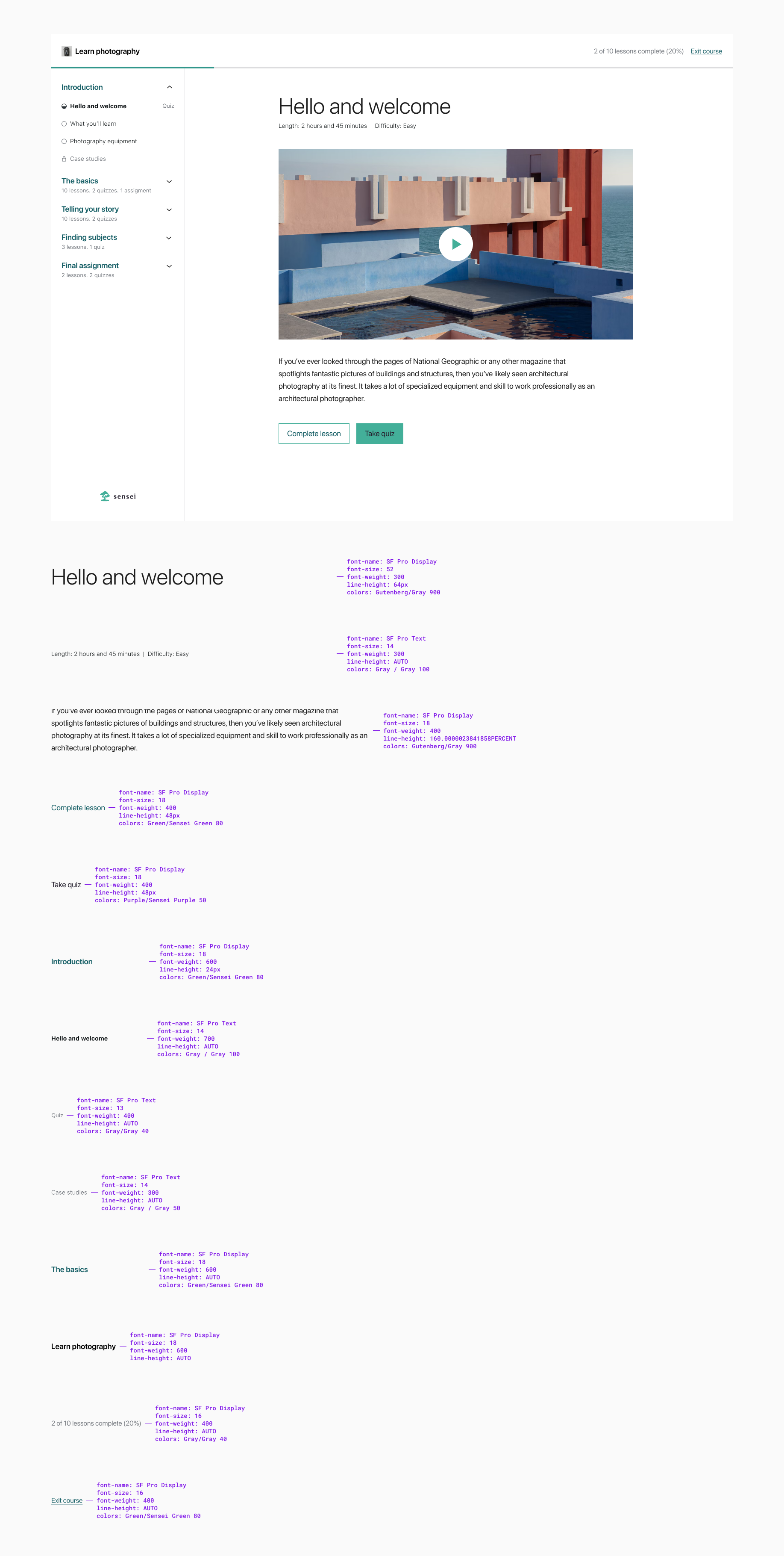 Standard Layout on the Frontend (Sensei default + Course default): Colors and typography · Issue ...