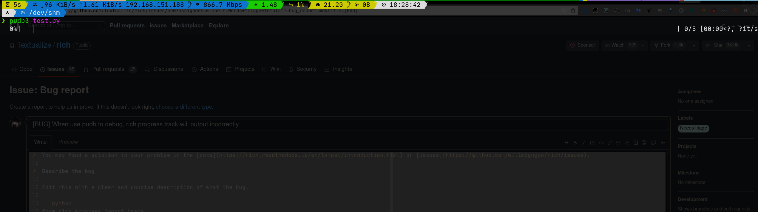 [BUG] When use pudb to debug, rich.progress.track will output incorrectly · Issue #2445 ...