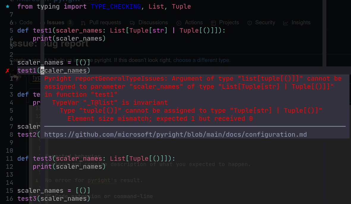 type checking failed for List[Tuple[str] | Tuple[()]] · Issue #3836 · microsoft/pyright · GitHub