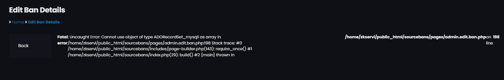 mysql database error editing bans · Issue #38 · aXenDeveloper/sourcebans-web-theme-fluent · GitHub