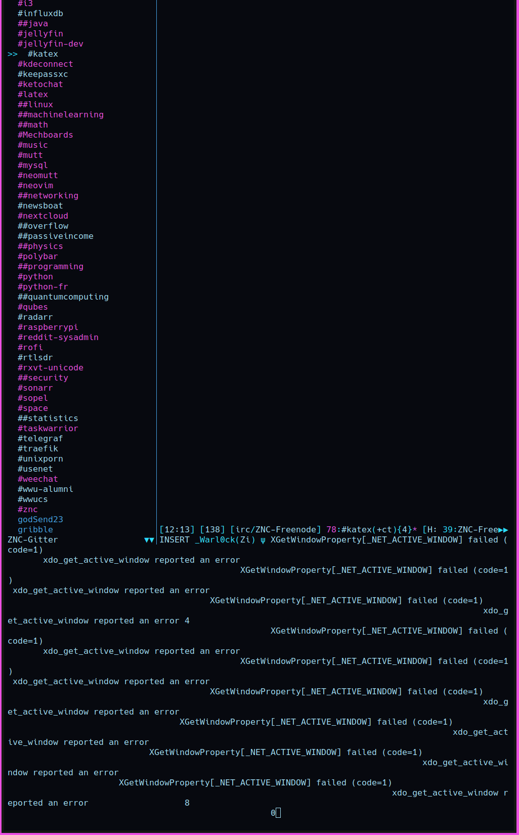 XGetWindowProperty[_NET_ACTIVE_WINDOW] failed (code=1) · Issue #1539 · weechat/weechat · GitHub