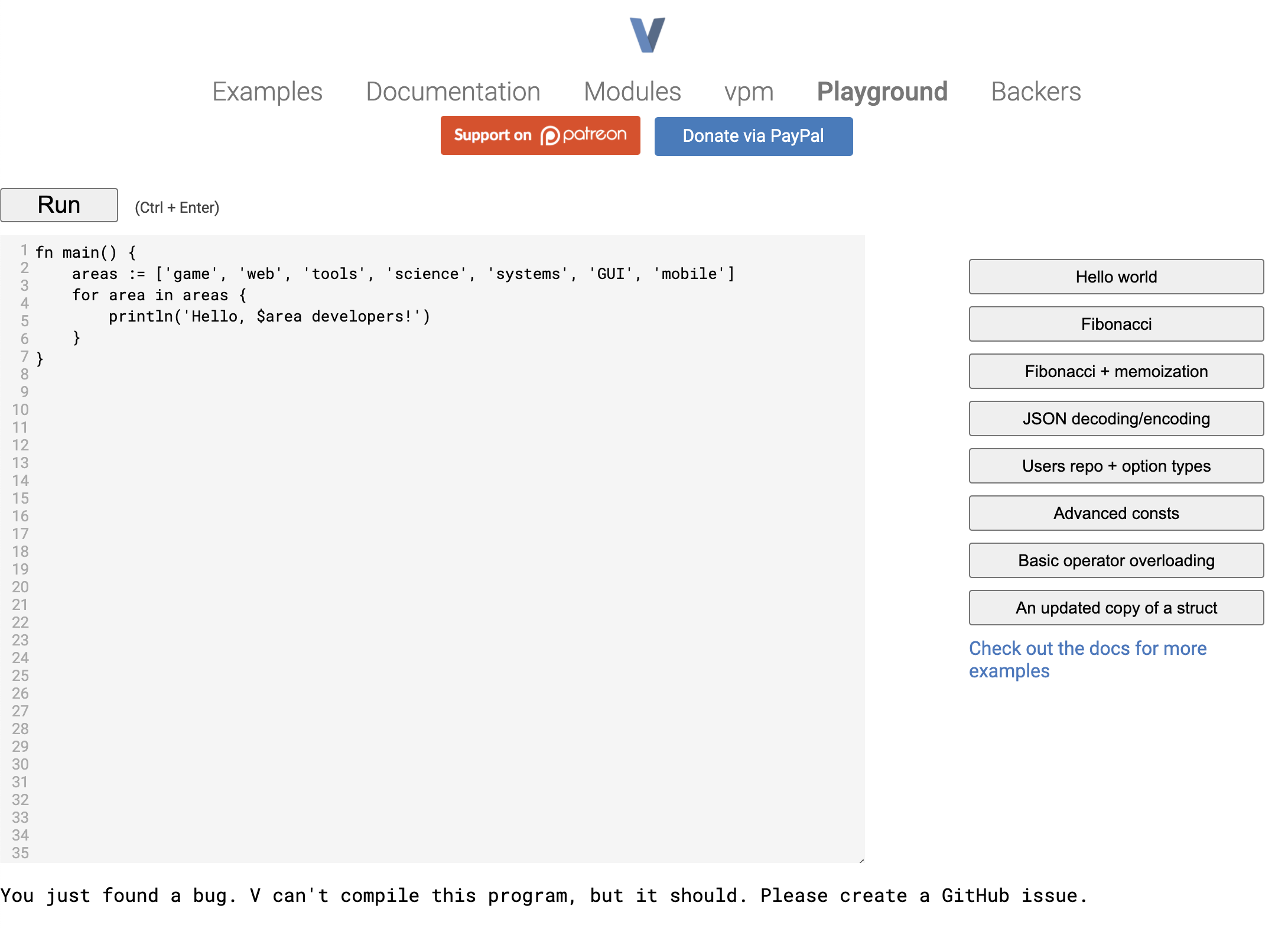 [BUG] vlang playground can't compile any examples · Issue #5396 · vlang/v · GitHub