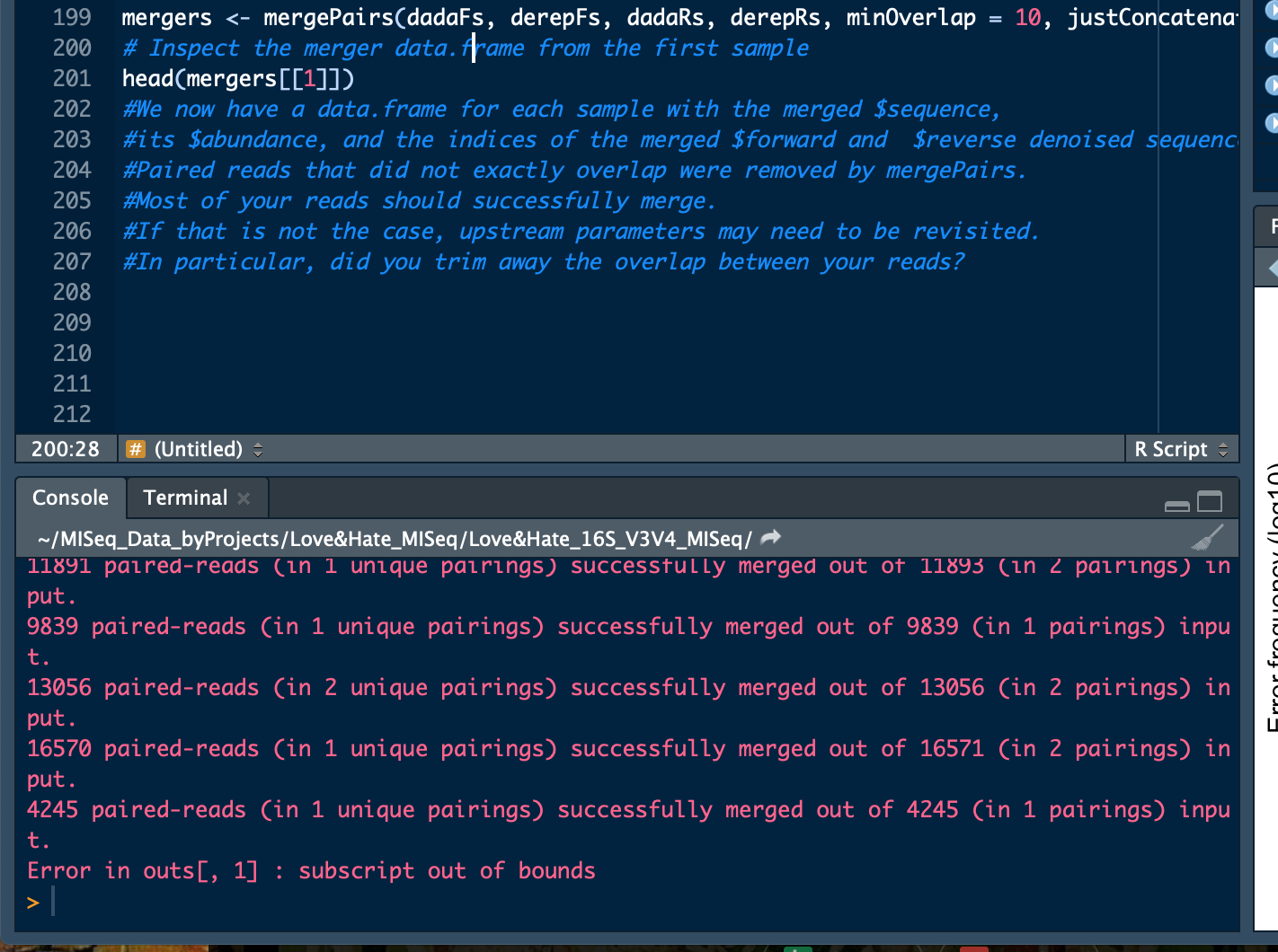 Error - MERGE PAIRED READS · Issue #512 · benjjneb/dada2 · GitHub