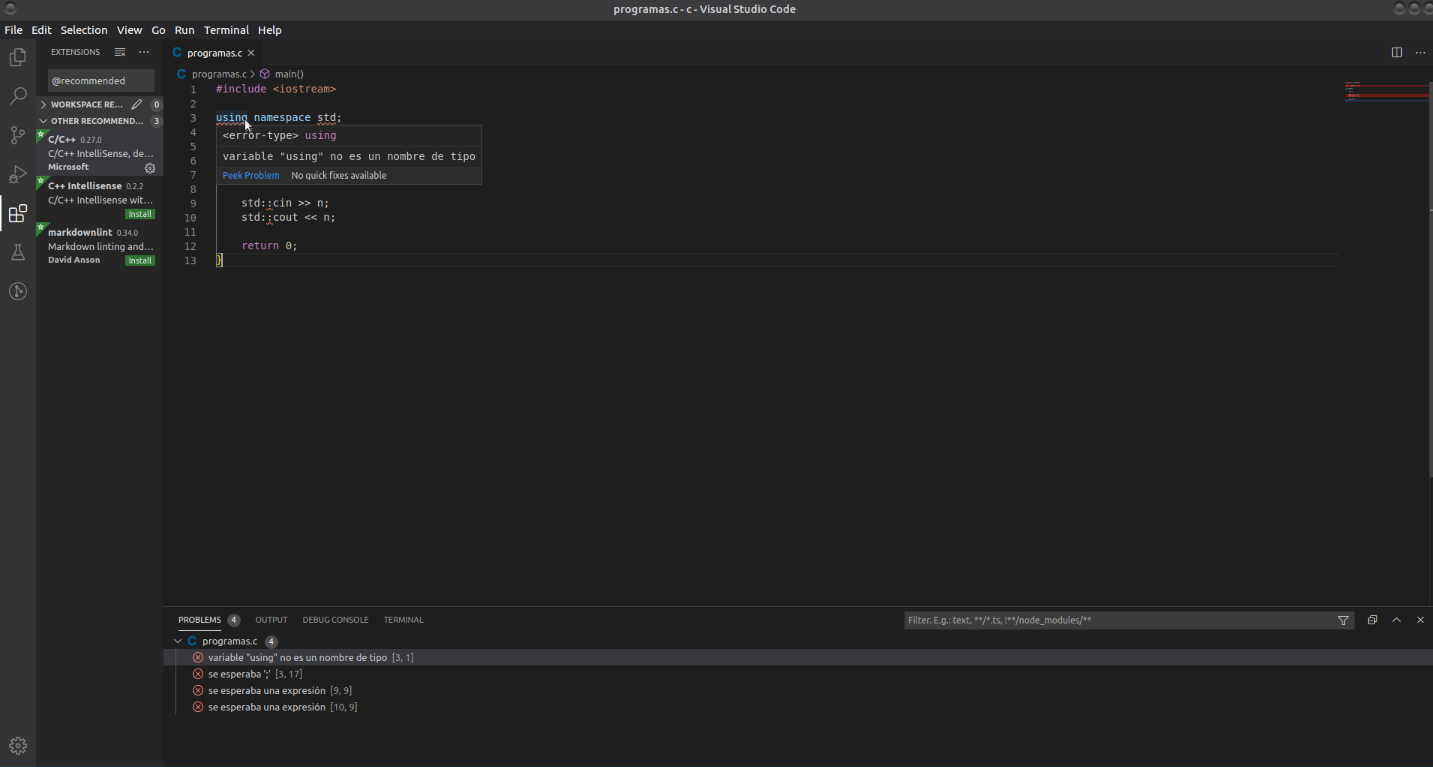 The IntelliSense put error in using namespace std and in double dots to std · Issue #5230 ...