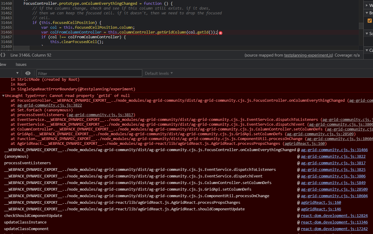 gridApi.redrawRows() sometimes gives this error "cannot read property 'getId' of null" · Issue ...