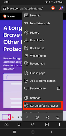 Tapping "Set as default browser" in main menu links to brave.com ...