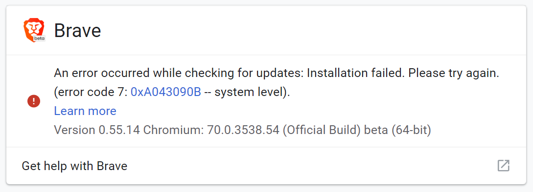 "Error code 7: 0xA043090B" - failure to update Beta from 0.55.14 to 0. ...