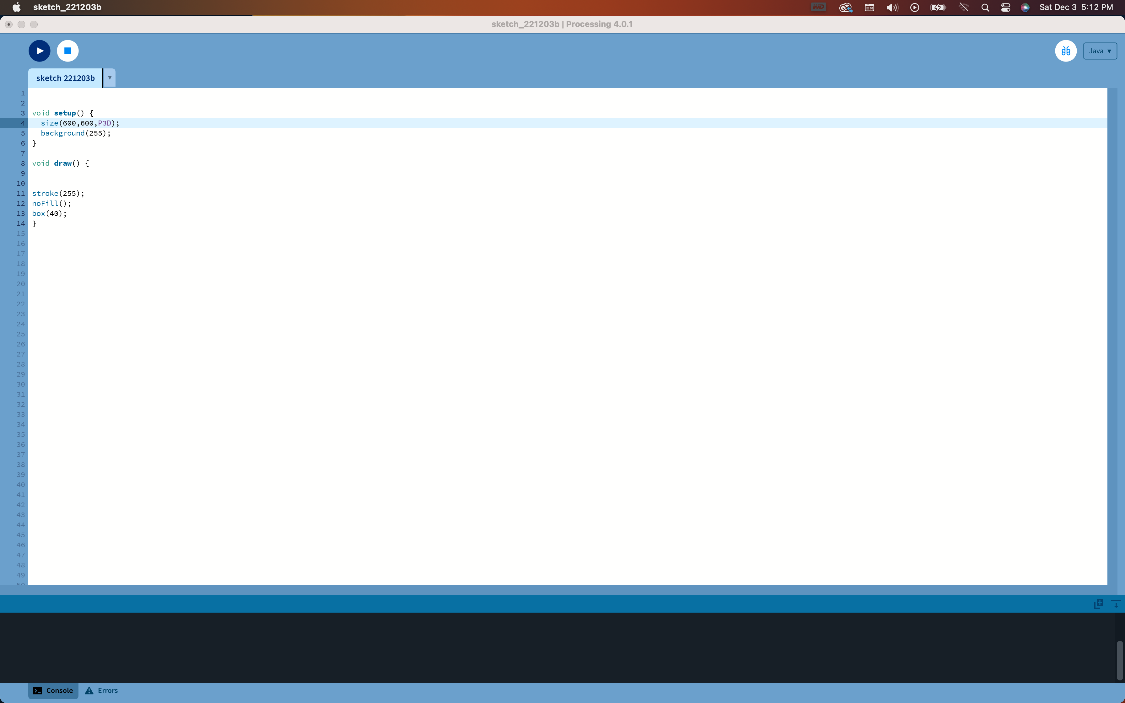 sketch window isnt displaying after I input the parameter P3D to the size() function ...