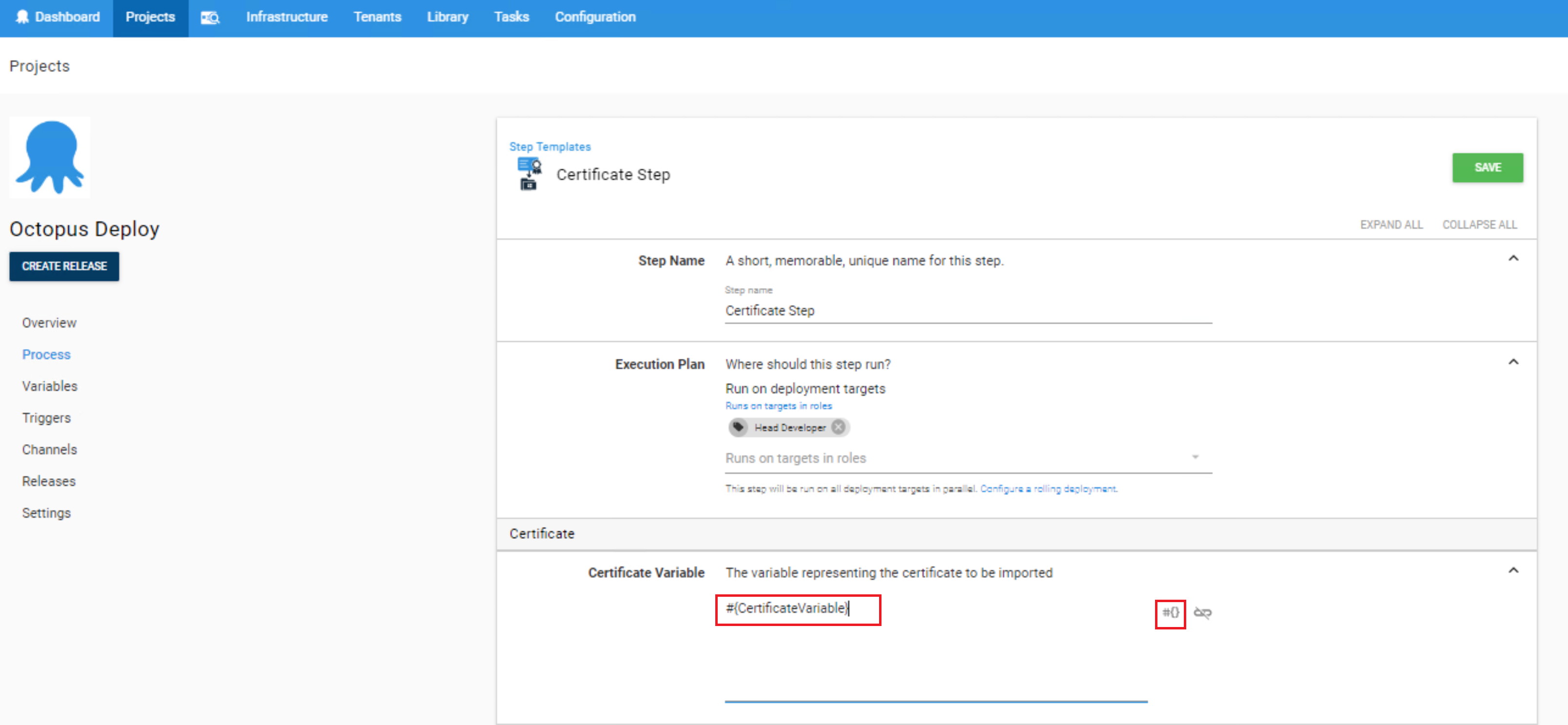 Certificate variable value not supplied when using `Insert a Variable ...