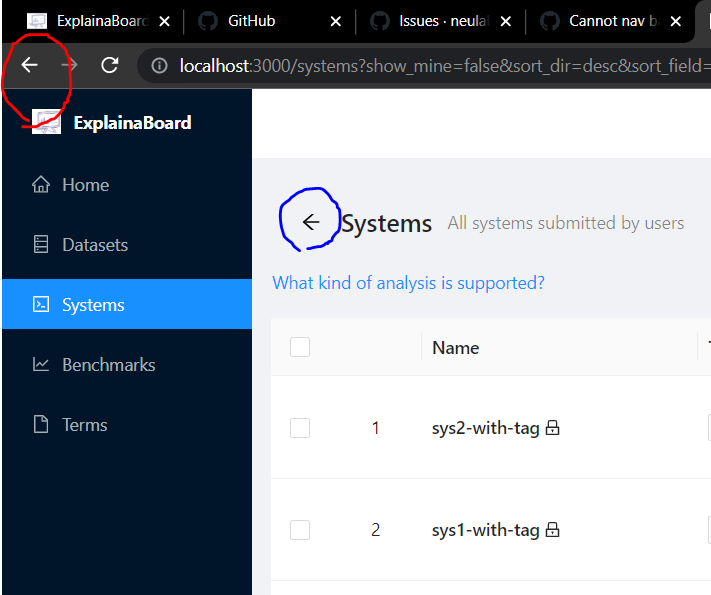 Cannot nav back once entered `systems` page · Issue #476 · neulab/explainaboard_web · GitHub