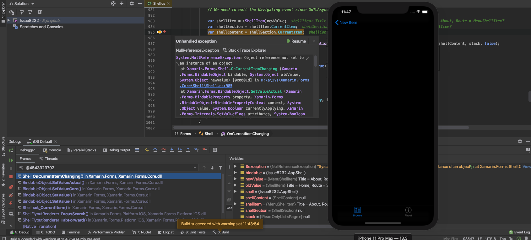 [Bug] iOS NRE Shell OnCurrentItemChanging · Issue #8238 · xamarin ...