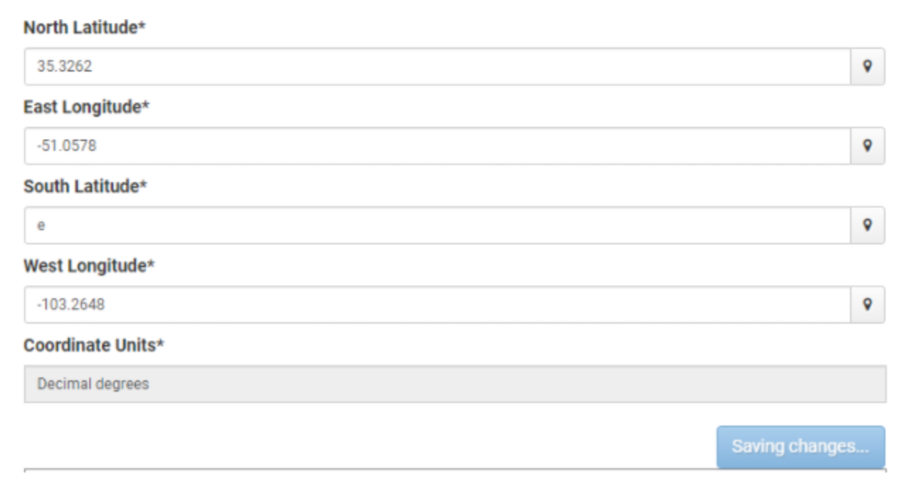 Putting an invalid character in spatial coverage gets it stuck on saving changes without ...