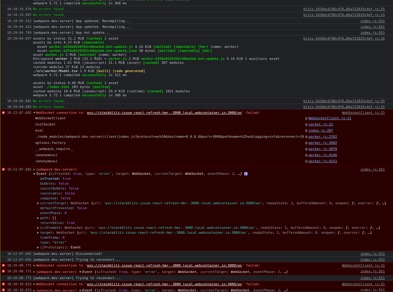React Refresh Hmr Not Working In Web Worker · Issue 1876 · Stackblitz Core · Github