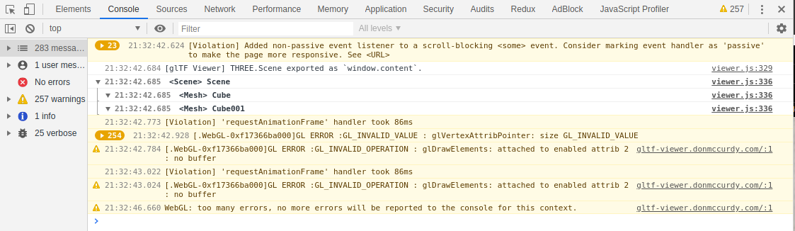 Exporting 2 cubes with UV maps + draco compression => WebGL Error ...