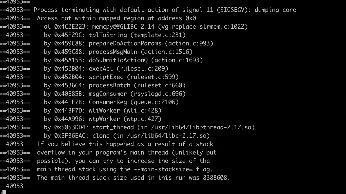 segfault in template processing (possibly related to omkafka) · Issue #3542 · rsyslog/rsyslog ...