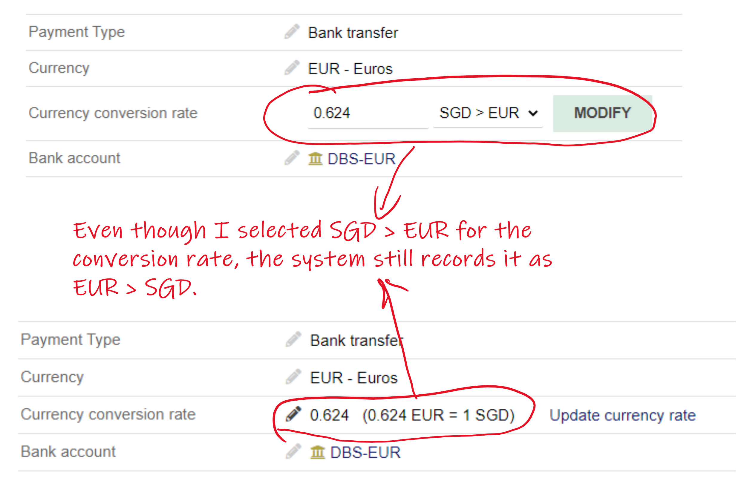 The currency of invoice amounts does not tally with the reception bank ...