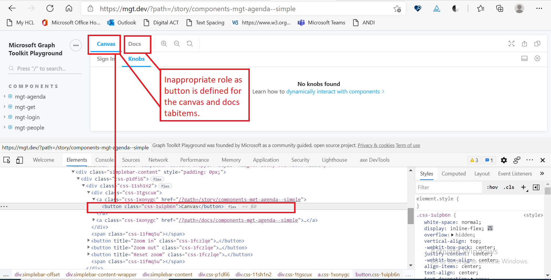 [Components| homepage]: In-correct role as button is defined for the canvas and docs tab items ...