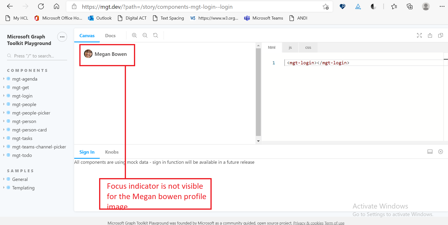 [Components| login]: Focus indicator is not visible for the Megan bowen profile image. · Issue ...