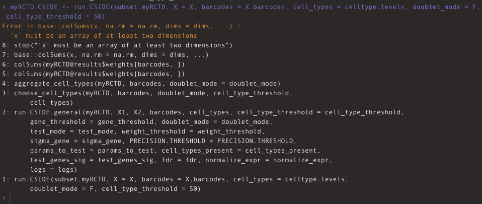 Error with 'run.CSIDE()', myRCTD@results have different structure than the tutorial data, RCTD ...