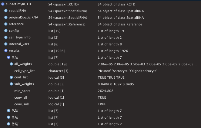 Error with 'run.CSIDE()', myRCTD@results have different structure than the tutorial data, RCTD ...