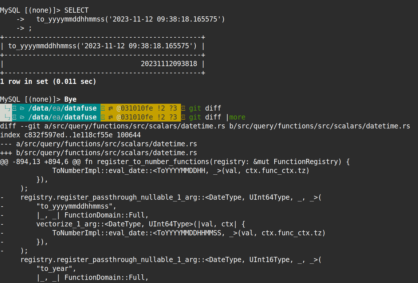 bug: SELECT to_yyyymmddhhmmss('2023-11-12 09:38:18.165575') · Issue #13686 · datafuselabs ...