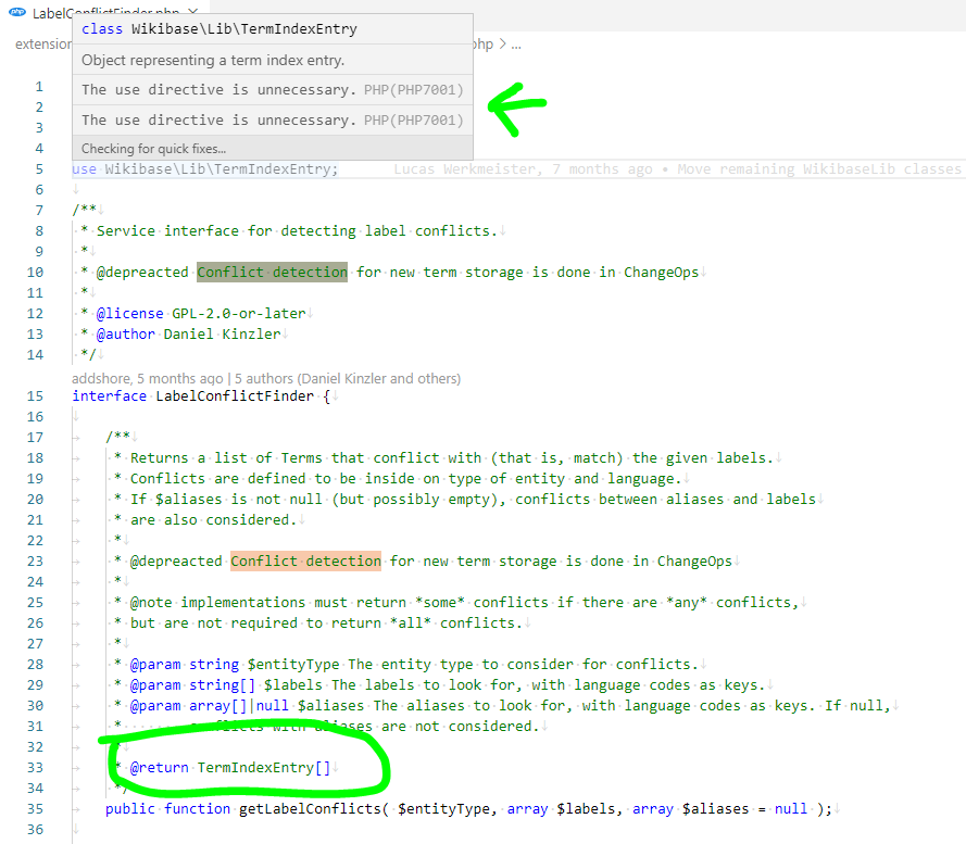 PHP7001 reported when class name is used in a doc comment · Issue #97 · DEVSENSE/phptools-docs ...