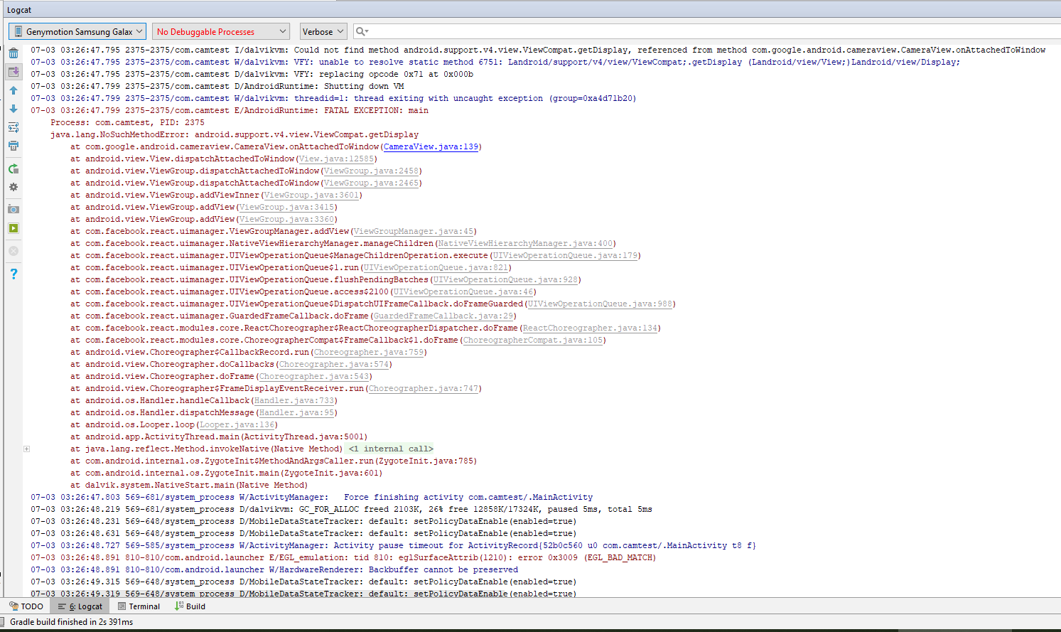 'App has stopped' when I install the RNCamera component · Issue #1674 ...