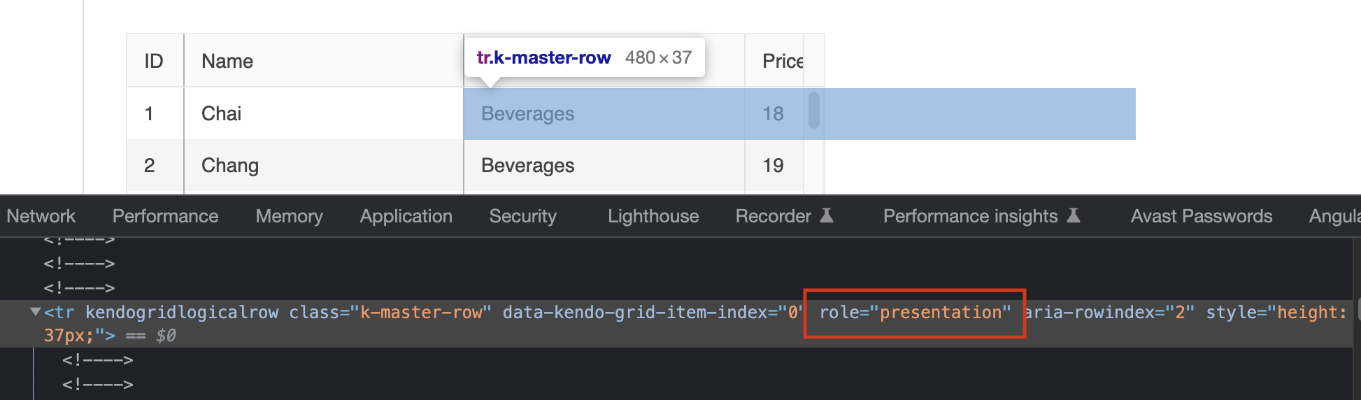 Incorrect Grid Row Attributes When Having Locked Columns · Issue 3777 · Telerik Kendo Angular