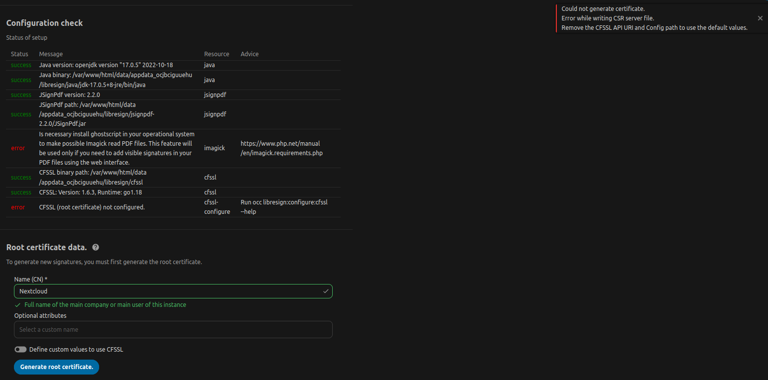 Error: Remove the CFSSL API URI and Config path to use the default values. When left empty (NC ...