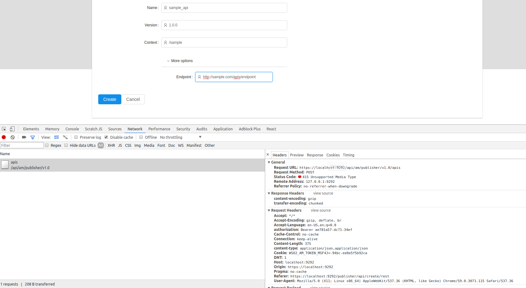 [C5][Publisher][UI] Error(415) while creating an API · Issue #1471 · wso2/product-apim · GitHub
