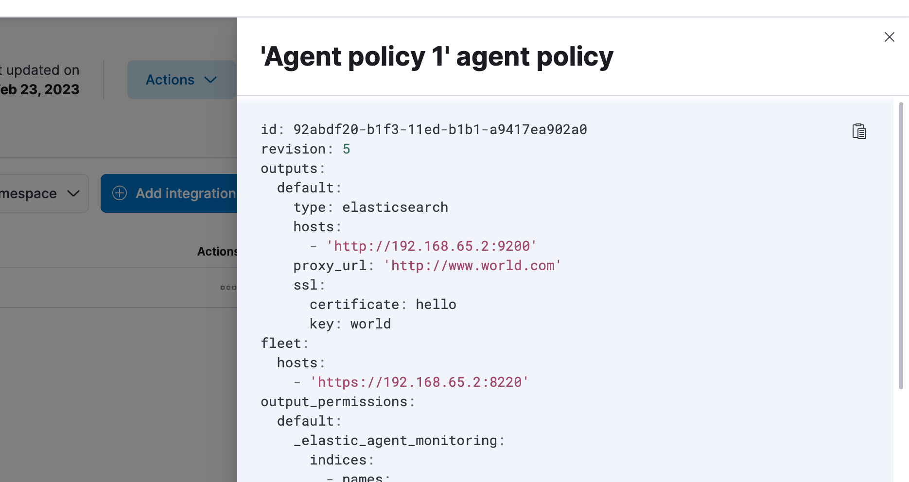 [Fleet] Copy certificate and key from the proxy config to the agent policy's `fleet.ssl` block ...