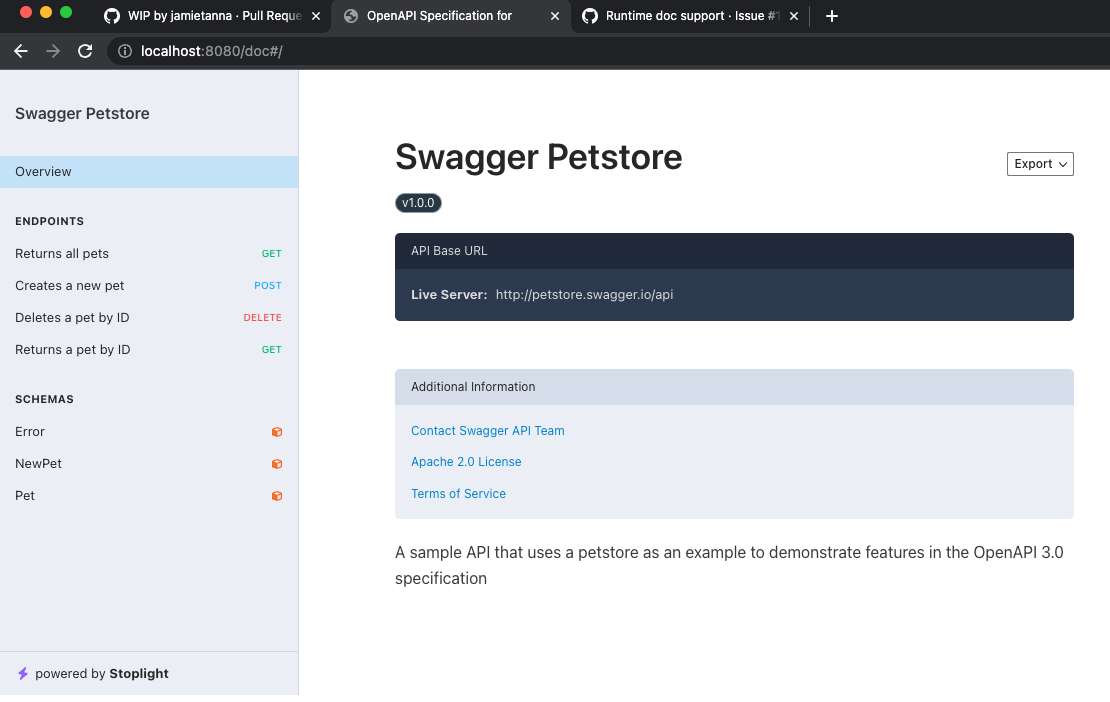 Runtime doc support · Issue #197 · oapi-codegen/oapi-codegen · GitHub Runtime doc support · Issue #197 · oapi-codegen/oapi-codegen · GitHub