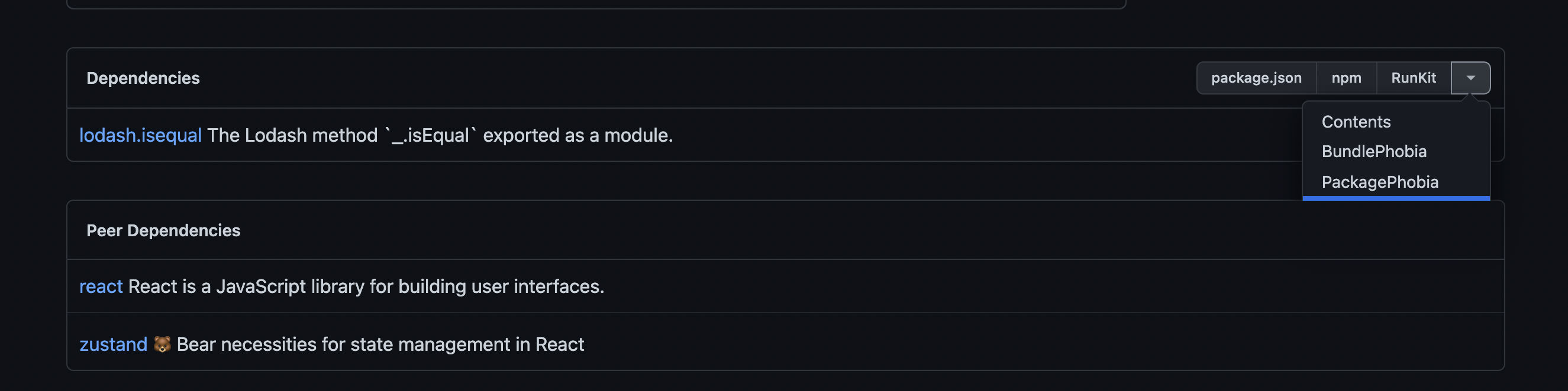 The dropdown is covered by `peerDependencies` table · Issue #149 · npmhub/npmhub · GitHub