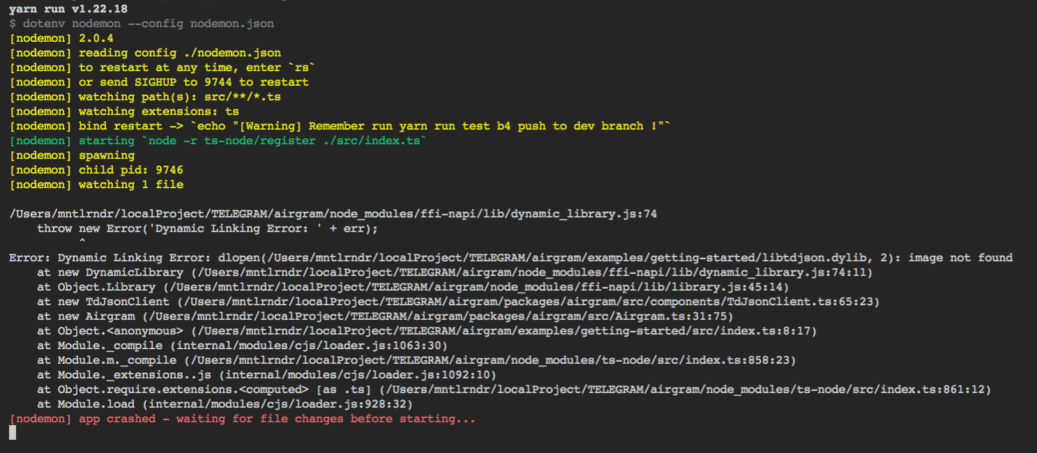 Dynamic Linking Error on Getting started example · Issue #204 · airgram/airgram · GitHub