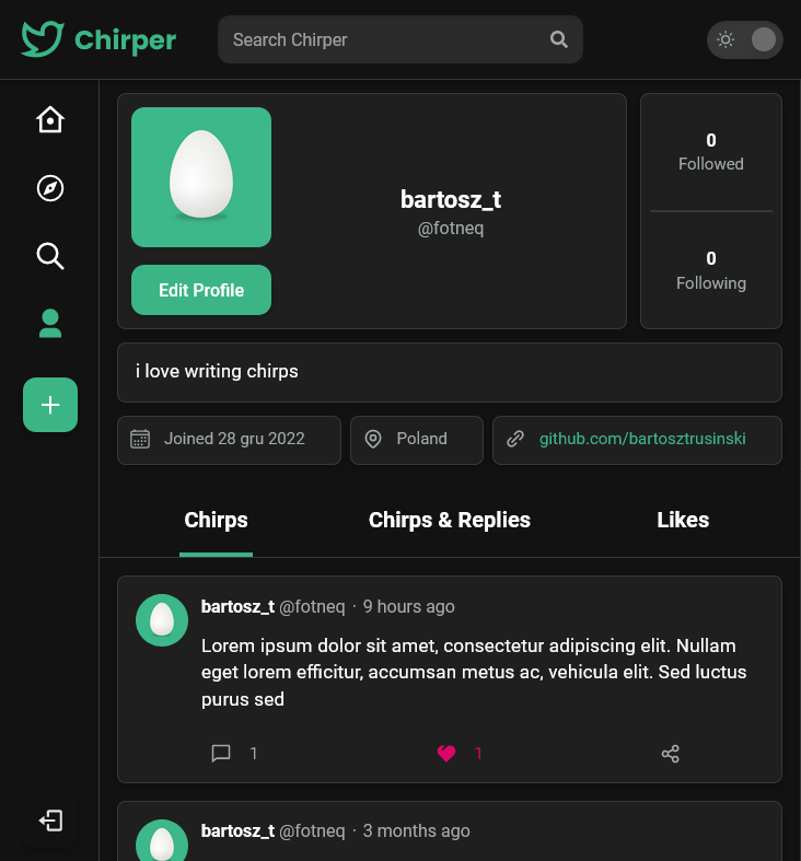 GitHub - bartosztrusinski/chirper: Social media web app