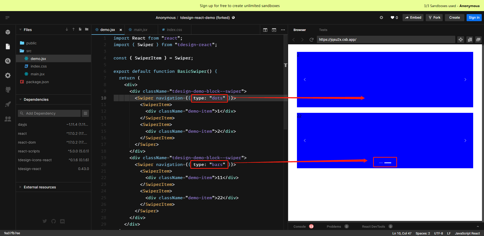 [Swiper] 导航器类型点状(dots)、点条状(dots-bar)参数无效 · Issue #1720 · Tencent/tdesign-react · GitHub