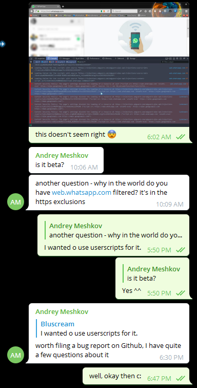 web.whatsapp.com refusing to inject userscripts · Issue #1802 · AdguardTeam/AdguardForWindows ...