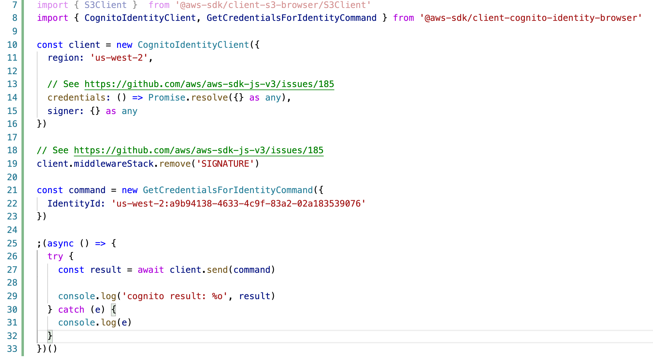CognitoIdentityClient requires 'credentials' in its constructor · Issue #185 · aws/aws-sdk-js-v3 ...