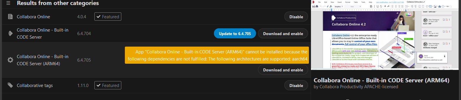 Cannot on a rasberry pi host: `App Collabora Online - Built-in CODE Server (ARM64)" cannot be ...