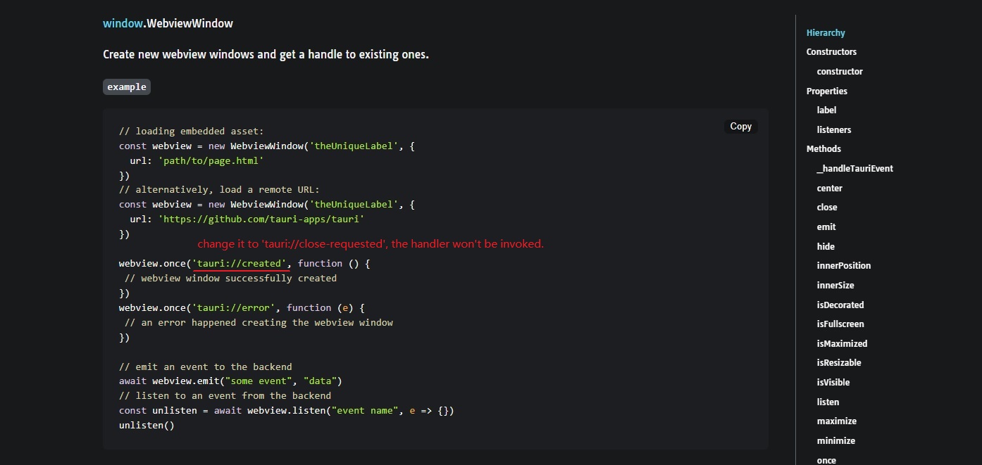 Cant't listen event 'tauri://close-requested' or 'tauri://destroyed ...