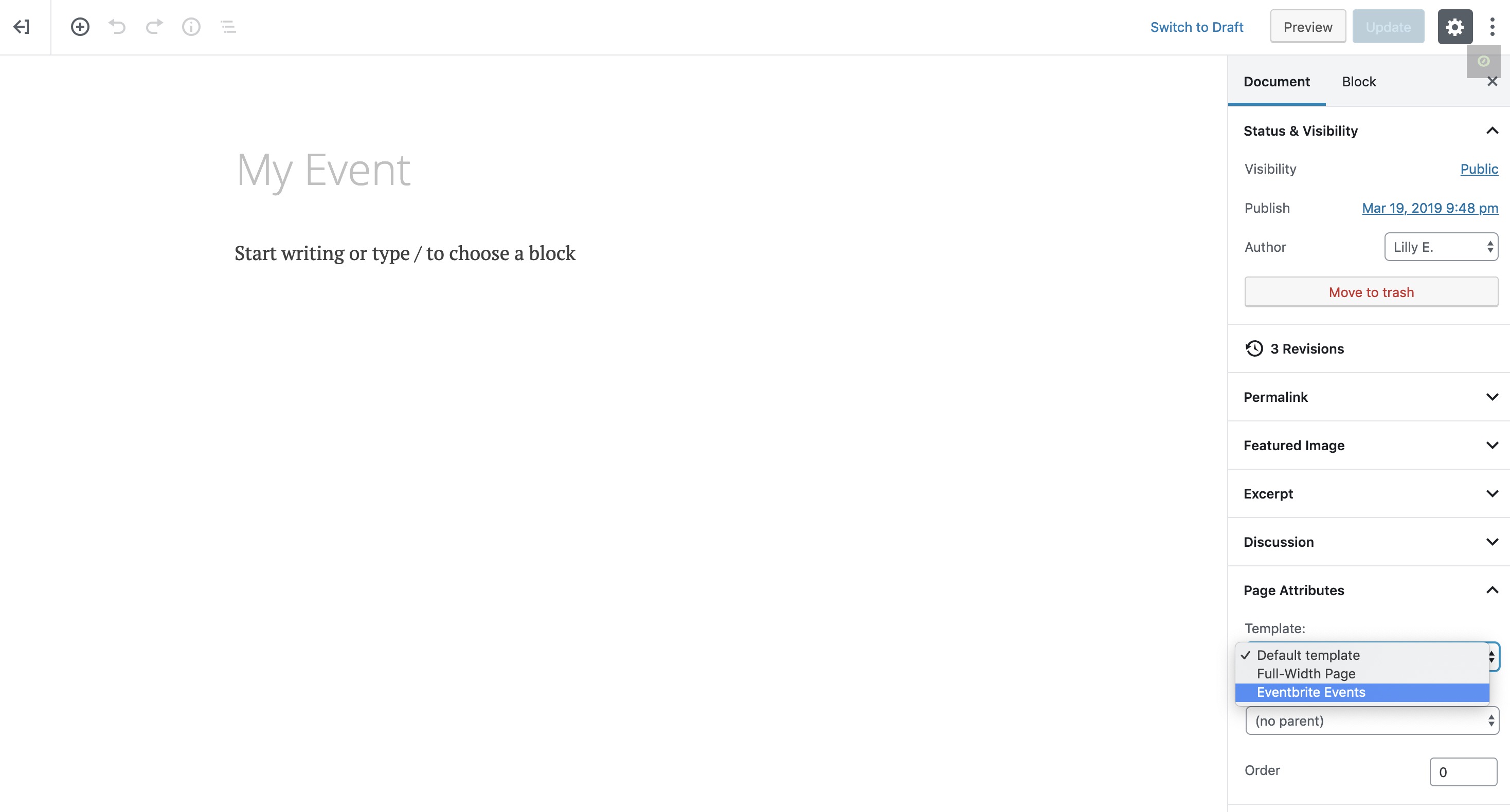 Eventbrite page template can't be saved in the Block editor · Issue ...