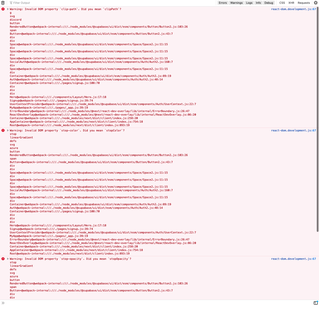 [Auth] Some svg icons give "Invalid DOM property" warning · Issue #286 · supabase/ui · GitHub