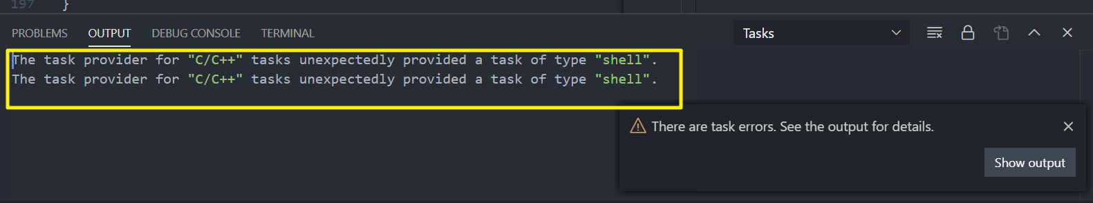 Run C/C++ Tasks tips "The task provider for "C/C++" tasks unexpectedly provided a task of type ...