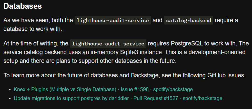 Database section in Docs needs updating · Issue #3186 · backstage ...